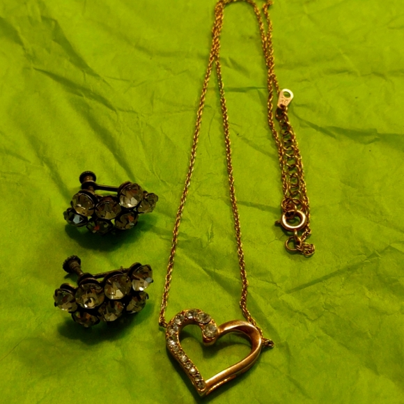 Vintage | Jewelry | Vintage Rhinestone Heart Necklace And Earrings ...